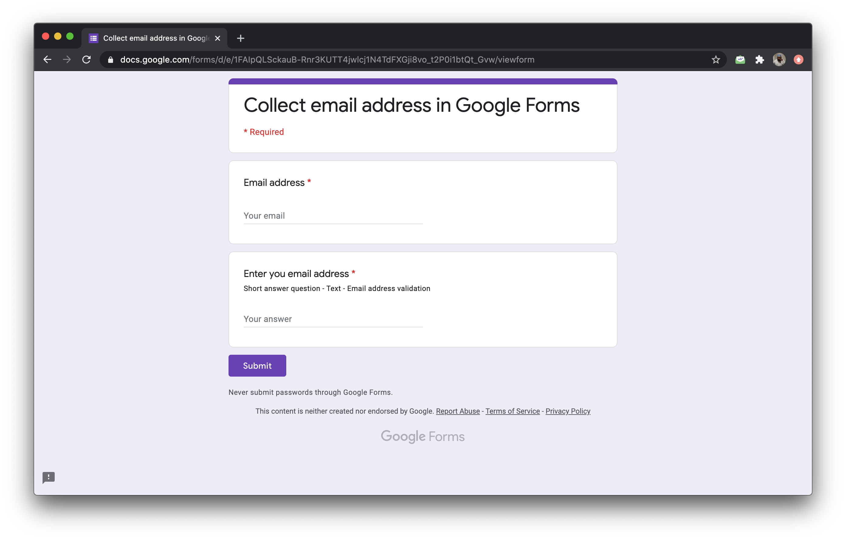 Formfacade Email Address