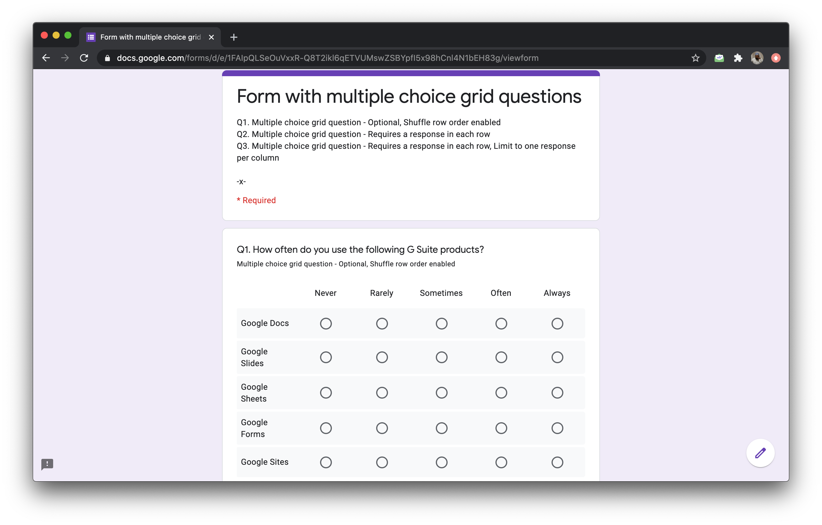 Formfacade Multiple Choice Grid